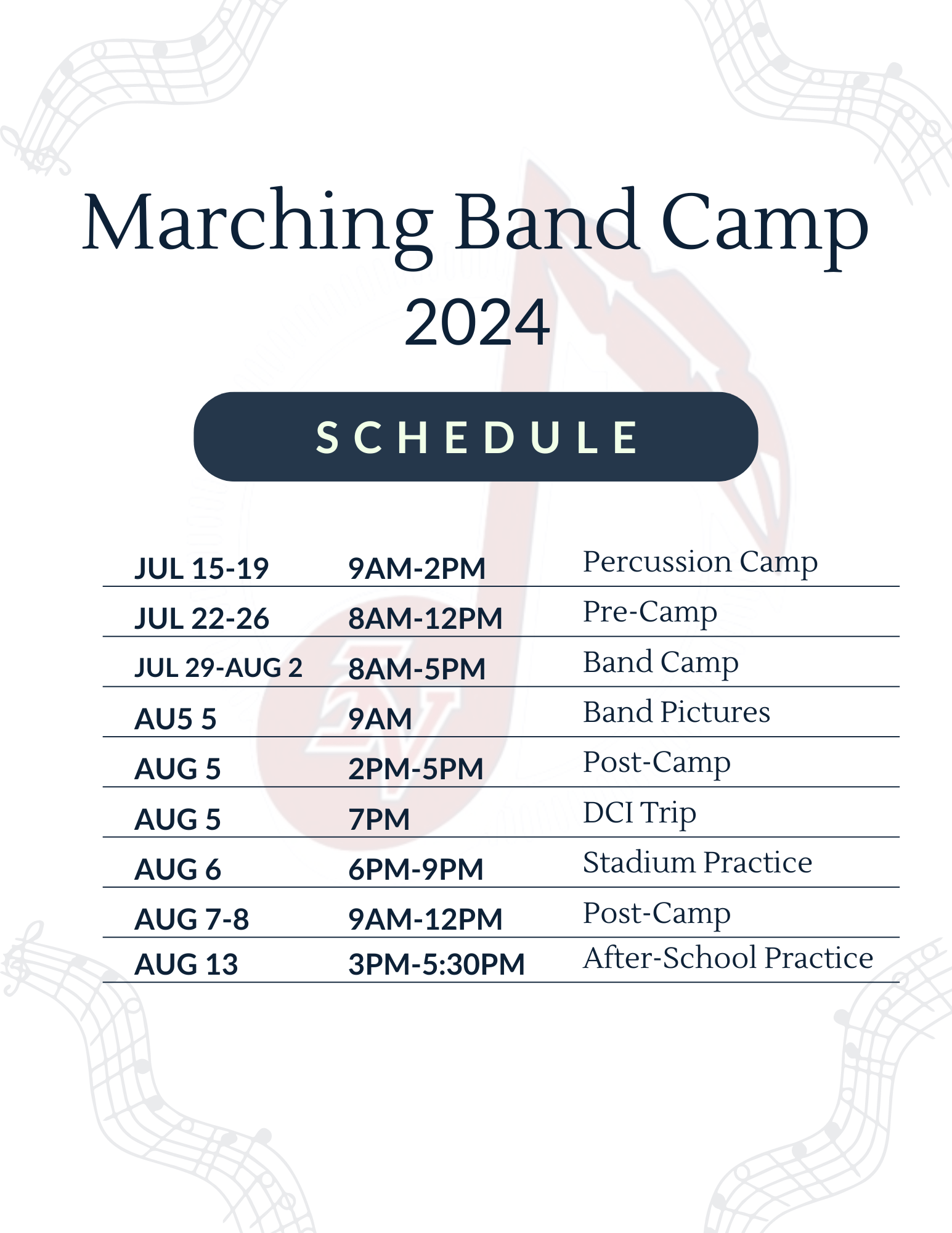 2024 Marching Band Camp Schedule - Indian Valley Music Boosters