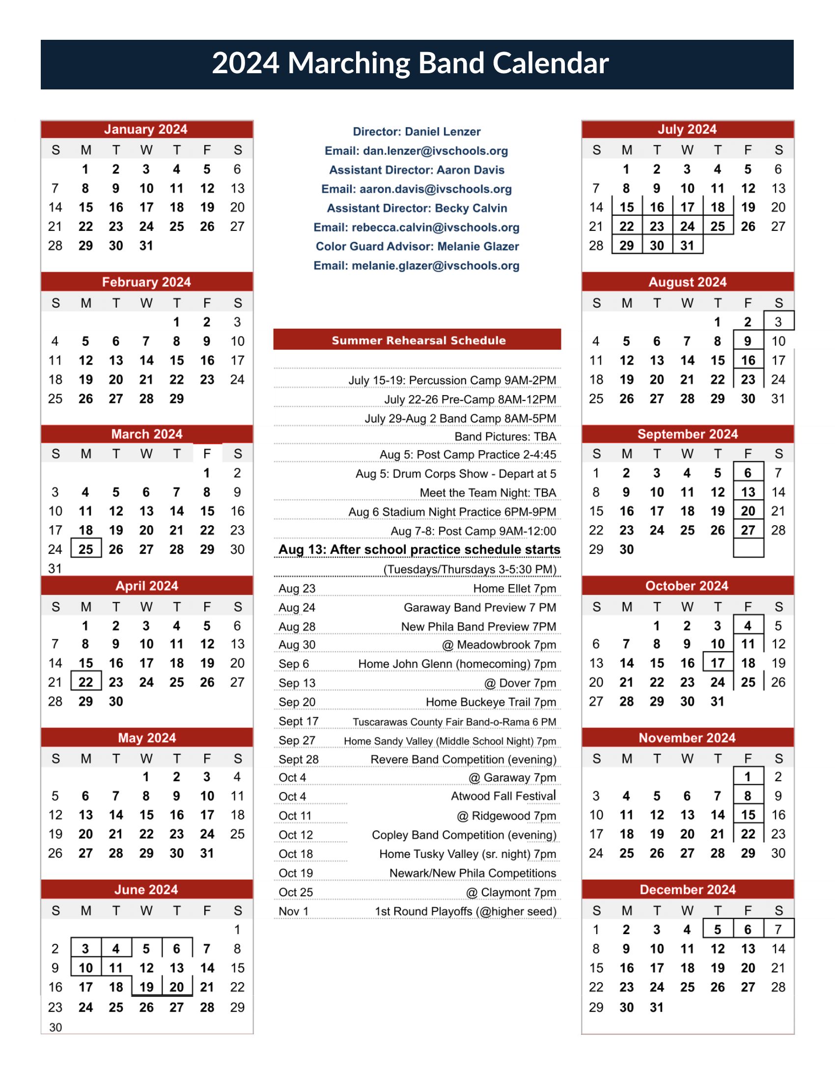 2024 Marching Band Calendar - Indian Valley Music Boosters